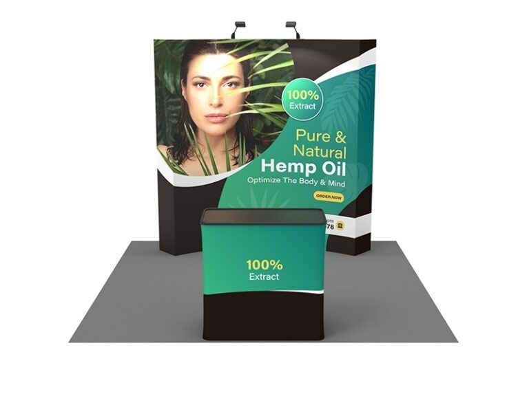 8ft Wide Curved Pop Up Fabric Display with Podium Counter - Trade Show ...